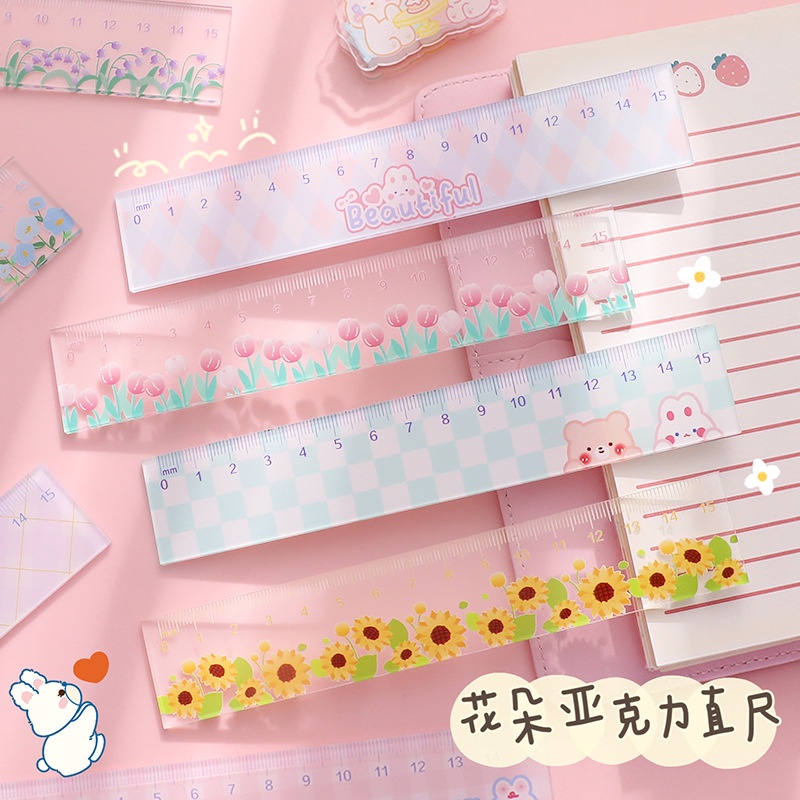Creative Cute Cartoon 15cm Ruler kawaii Flower Pattern Acrylic Ruler ...