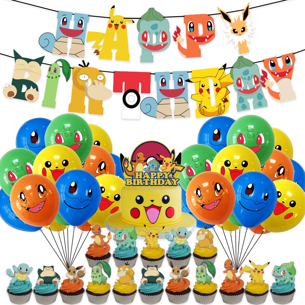 Pokemon Birthday Party Decorations Pikachu Balloons Banner Cake topper ...