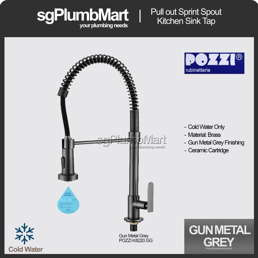 Pozzi x sgPlumbMart Gun Metal Grey Pull Out Spring Spout Kitchen Sink ...