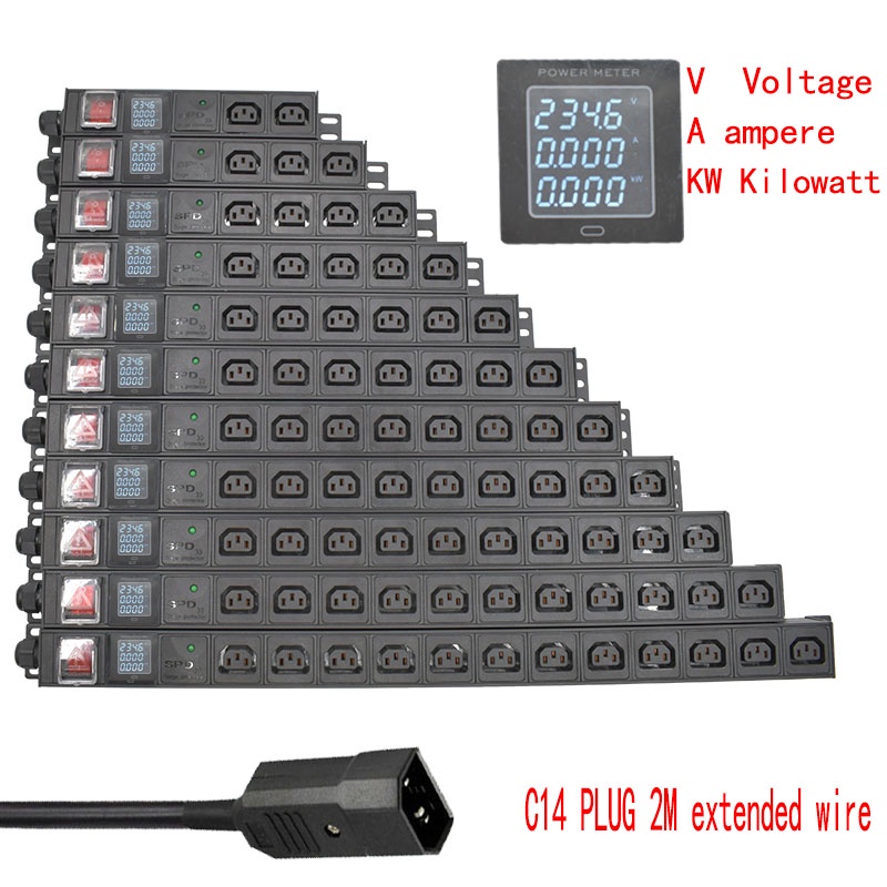 PDU Power Distribution Unit C13 output socket 2-21AC Power Strip ammeter Surge protection ...