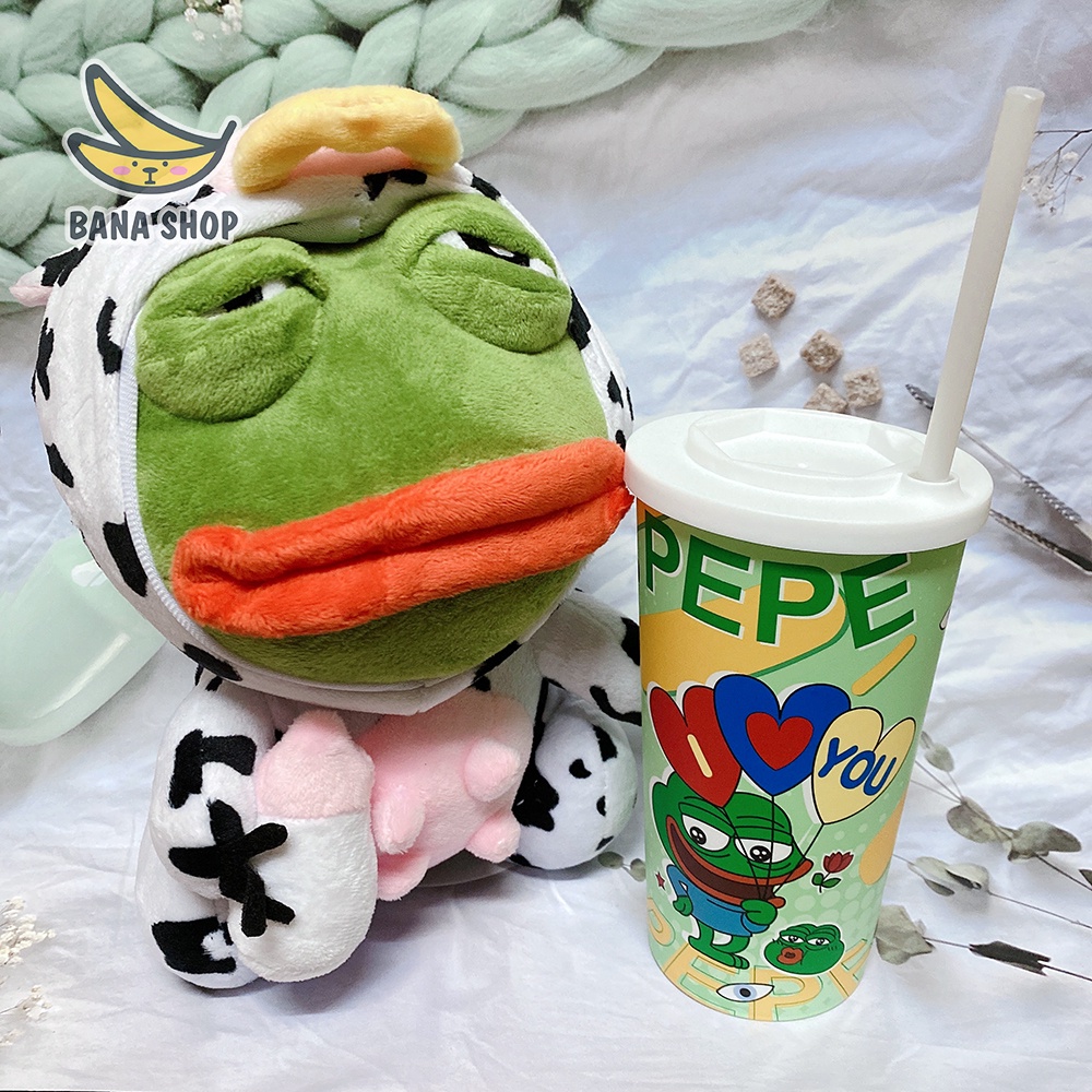 Plastic cup with lid and straw shaped like Pepe sad frog, super cool ...