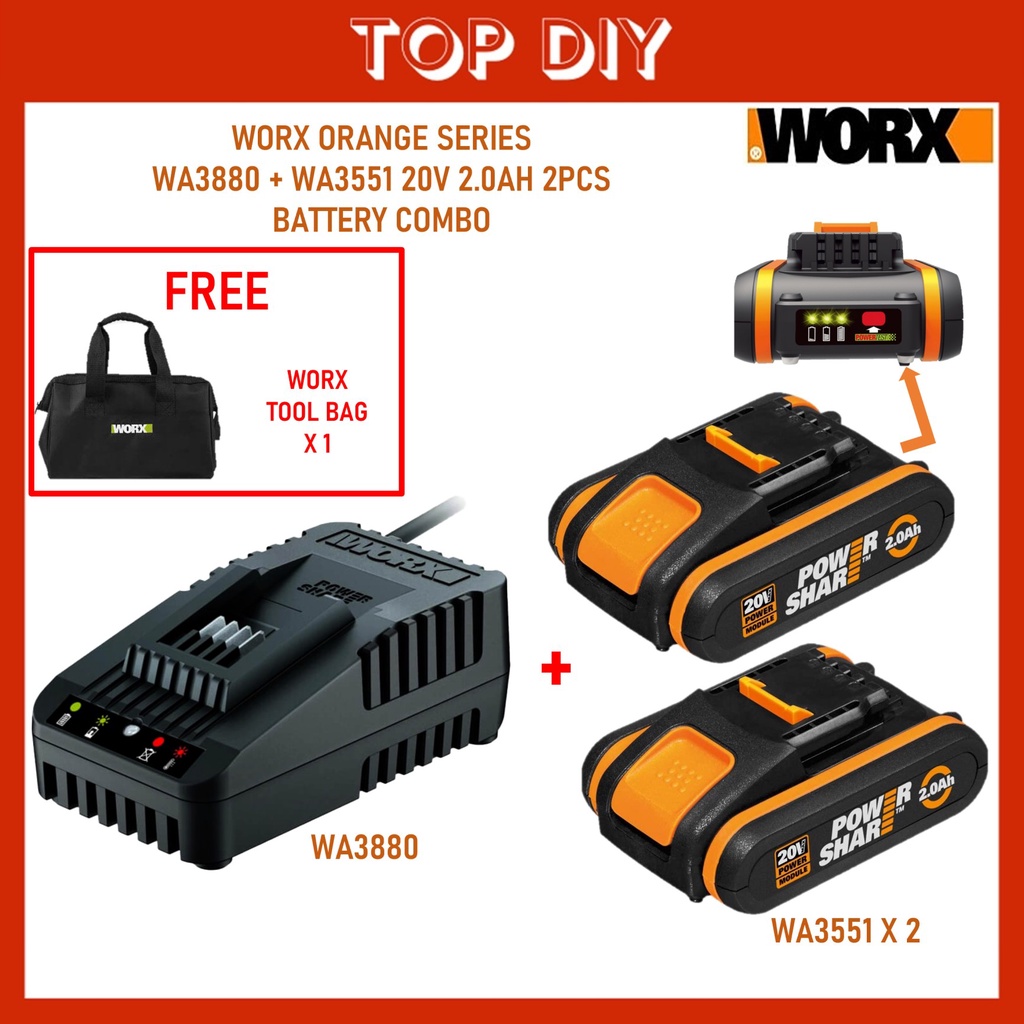 WORX Battery WA3551 20V 2.0AH BATTERY WITH INDICATOR (2PC) + WA3880 ...