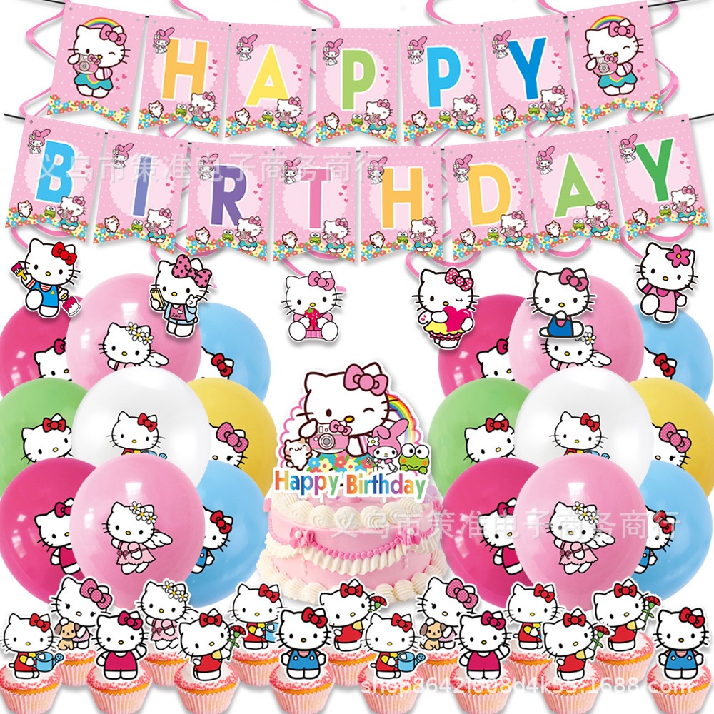 pink hello kitty Theme kids birthday party decorations banner cake topper balloon backdrop cloth ...