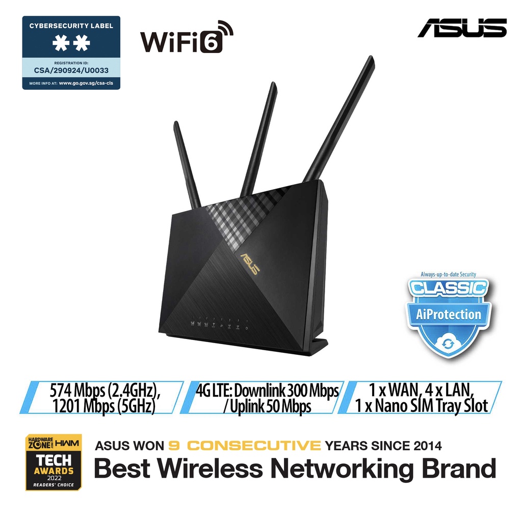 ASUS 4G-AX56 Cat.6 300Mbps Dual-Band WiFi 6 AX1800 LTE Router, Captive ...