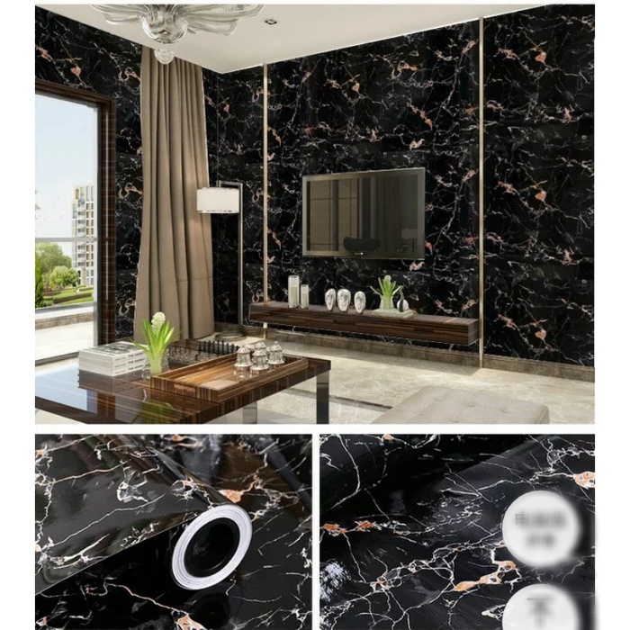 HITAM Wallpaper sticker glossy Black Marble Orange Line 60cm x 5meter ...