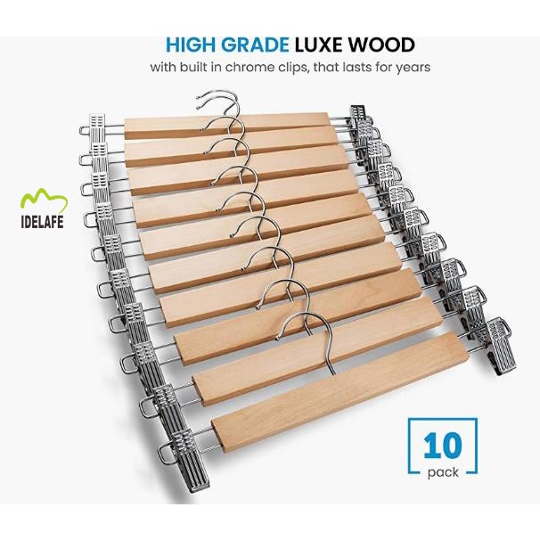 Idelafe 10pcs High-Grade Wooden Pants Hangers with Metal Clips Grip ...