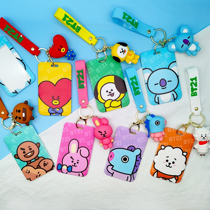 BT21 Card Holder With Wristlet Keychain BTS Cartoon 3D Keychains ...