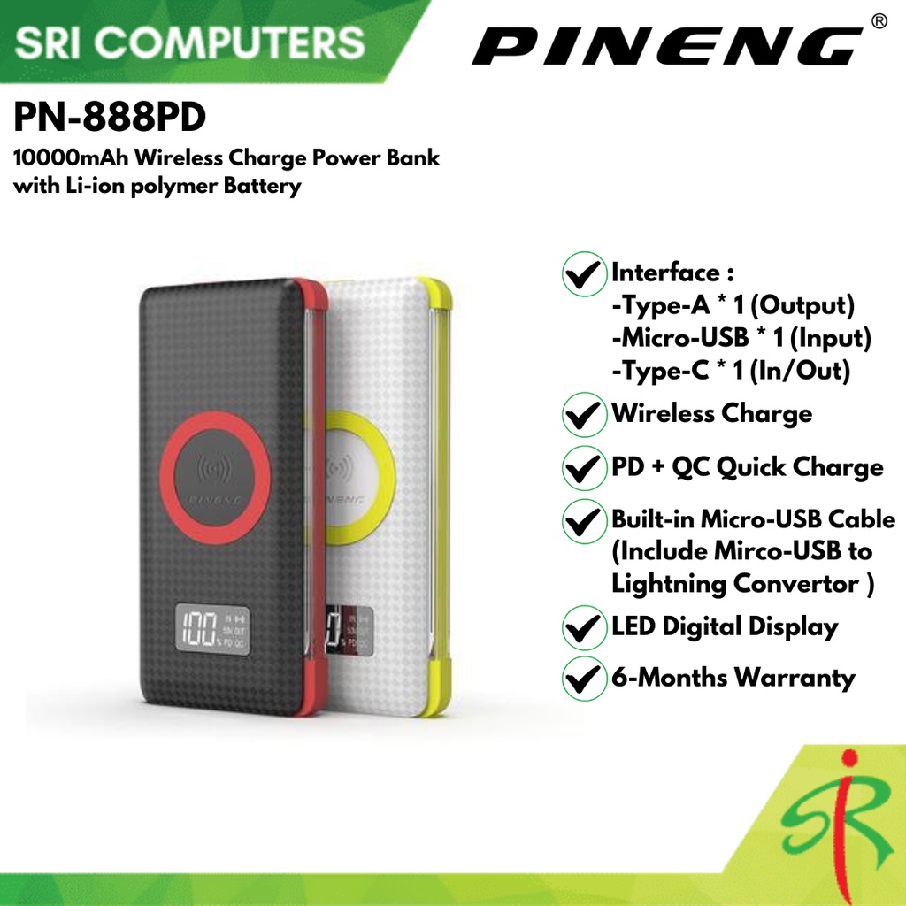 [6-MONTHS WARRANTY] Pineng PN-888PD 10000mAh Wireless Charge Power Bank ...