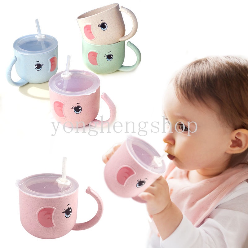 Creative Cartoon Cute Elephant Water Cup with Handle Wheat Straw Baby ...