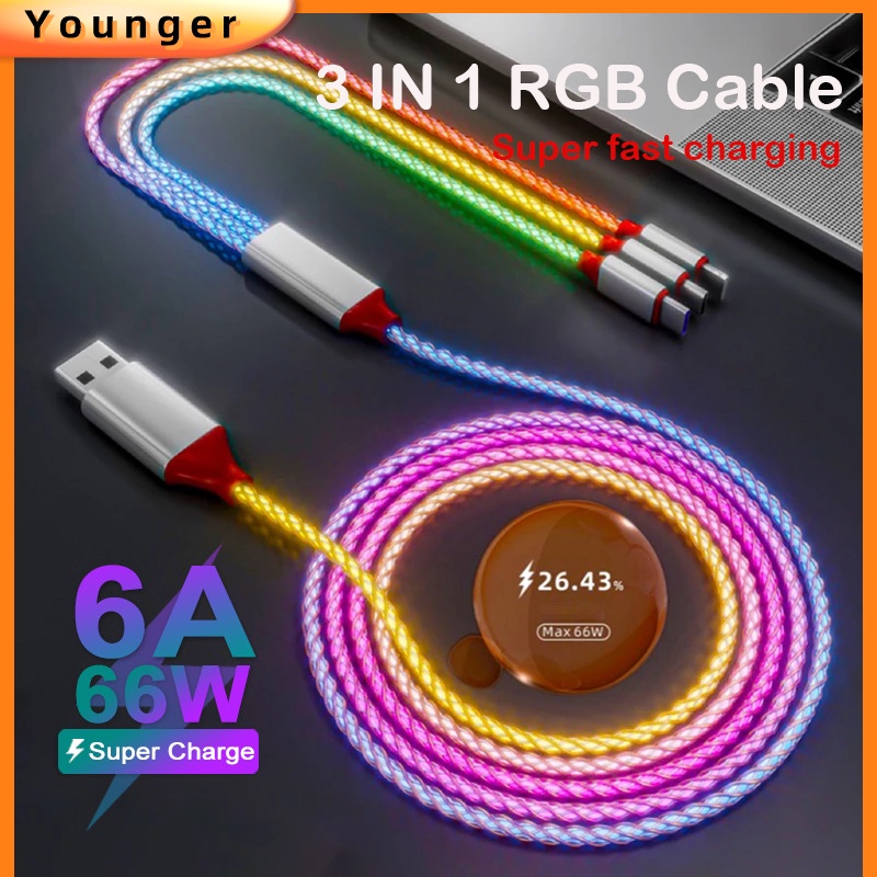 3IN1 6A 66W RGB Super Fast Charging Cable Type-C Micro USB Charger ...