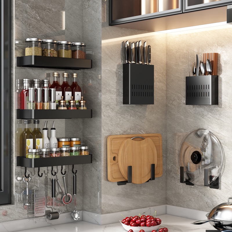 Black kitchen rack wall-mounted punch-free home space aluminum multi ...