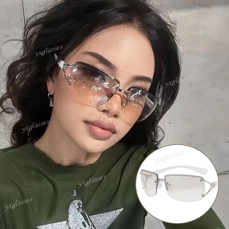 Y2K millennium Retro Rimless Aviator Rectangle Sunglasses Women Fashion ...