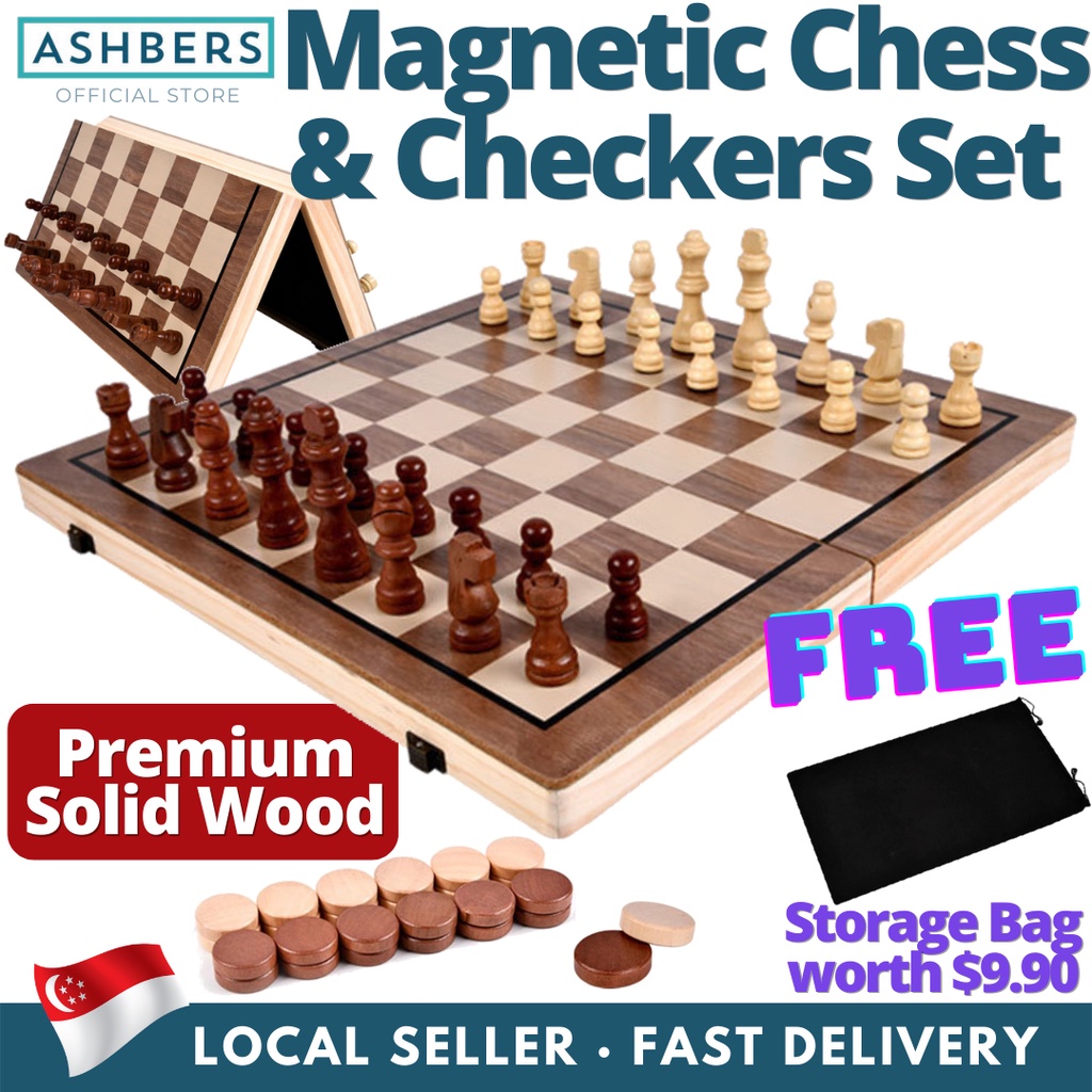 Premium Magnetic Foldable Wooden Chess & Checkers Set, 2 in 1 Board ...