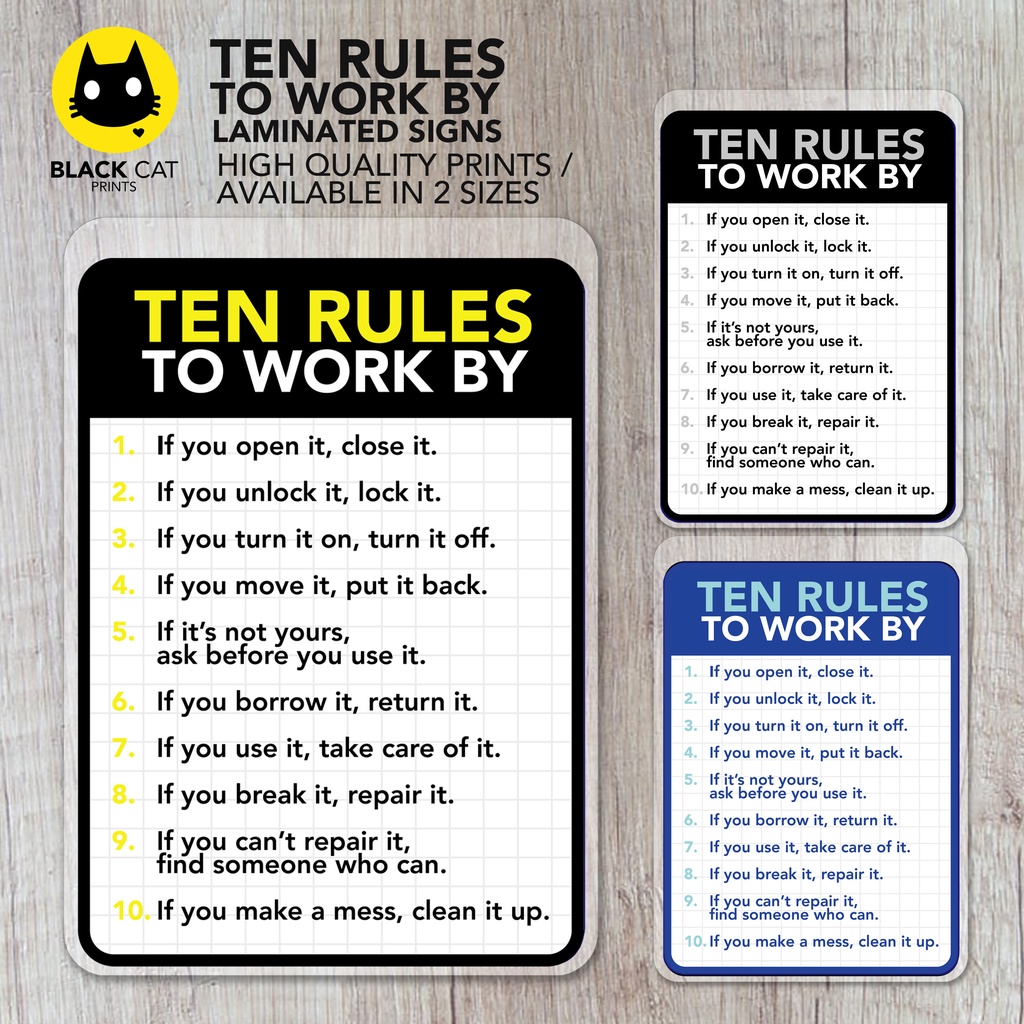 Ten Rules To Work By Sign | Laminated Signage | Sign Board | Shopee ...