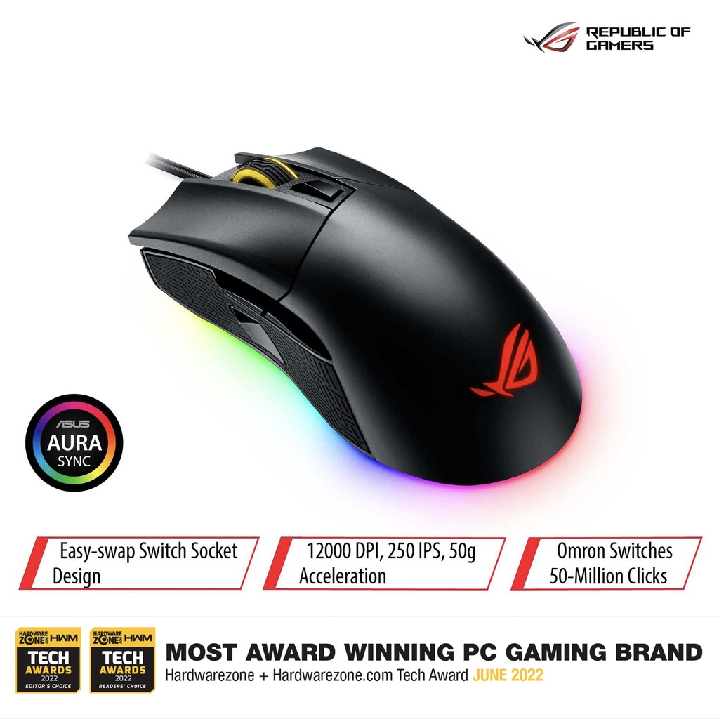 ASUS ROG GLADIUS II Ergonomic optical gaming mouse optimized for FPS featuring push-fit switch ...