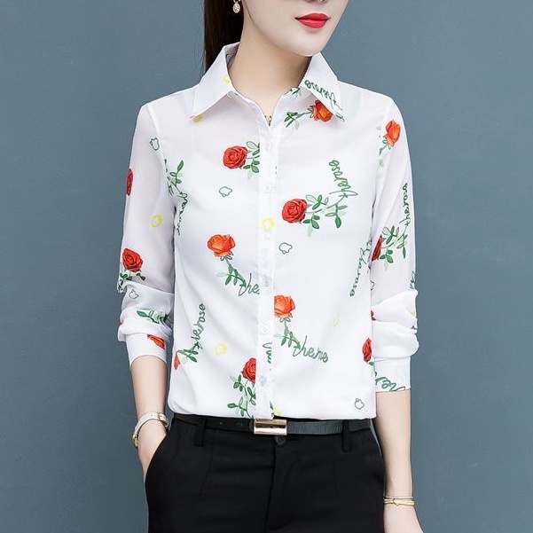 Shirt bud rose Women's Long Sleeve Floral Spring Red Flower Shirt Retro ...