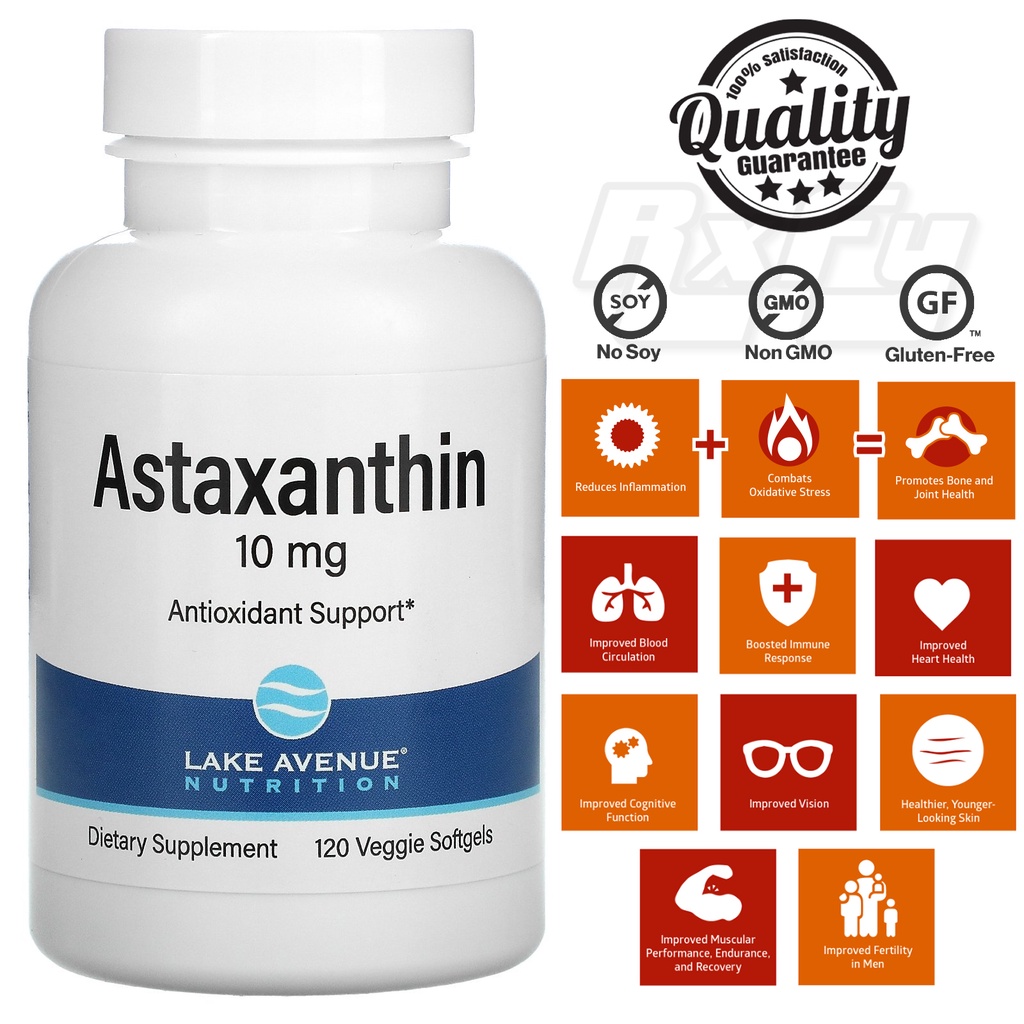 Lake Avenue Nutrition Astaxanthin 10 mg 120 Veggie Softgels Antioxidant Free Radical Neutralizer ...