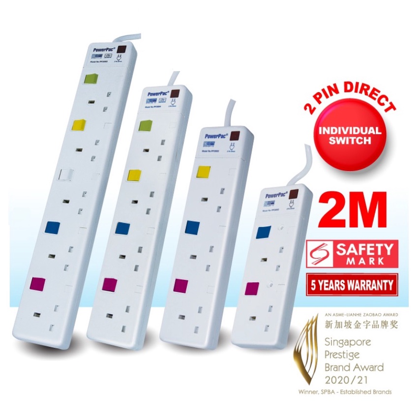 ~ Local Seller ~ Powerpac Extension Socket Extension Cord 2 3 4 5 Way 2 Meter With Individual