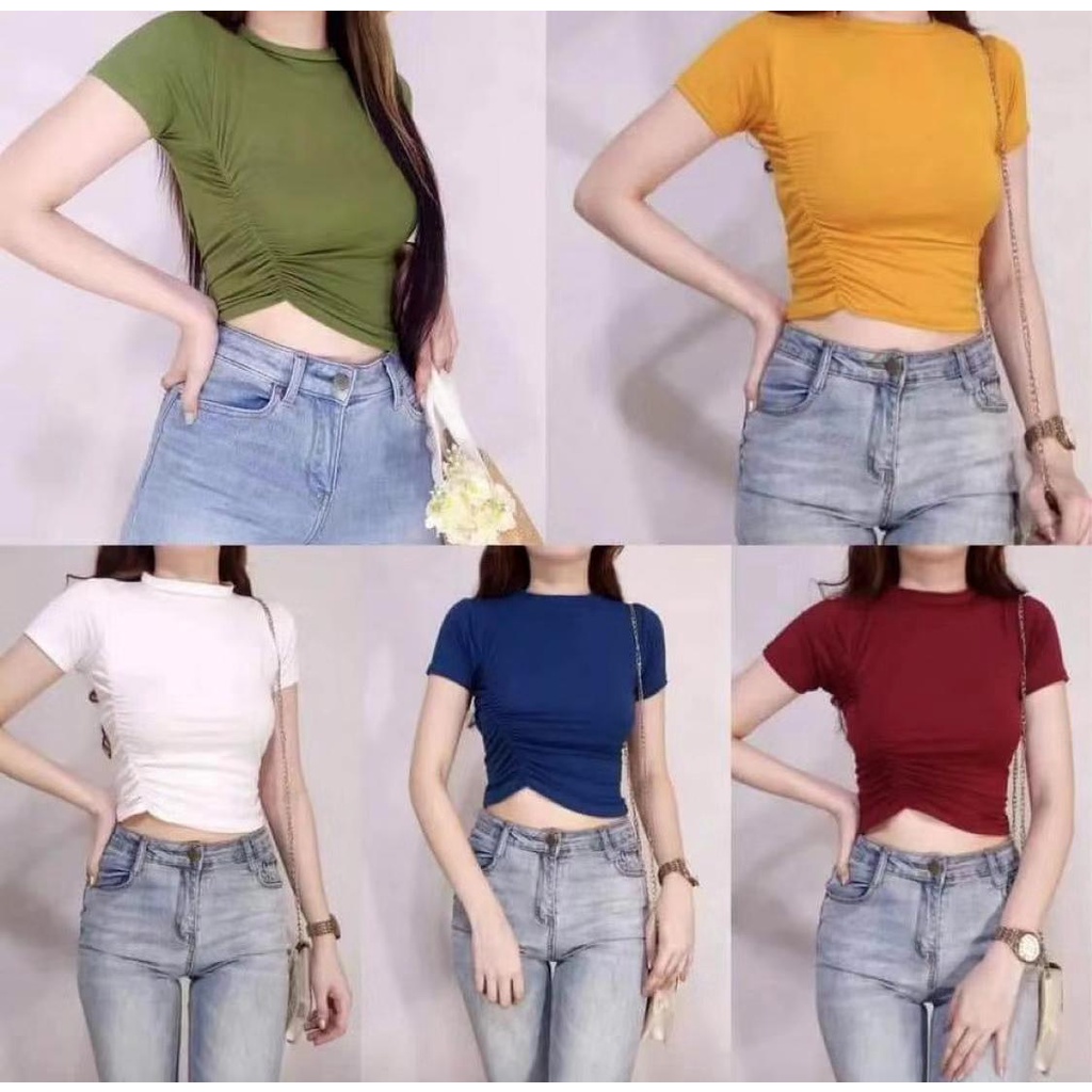 Korean Cotton Plain Side Ruched Garterize Crop Top for Ladies (Free ...