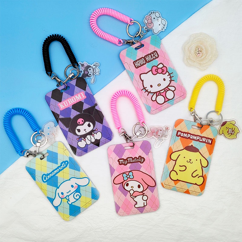 Cartoon Hello Kitty Card Holder With Telescopic Spring Rope Lanyard ...