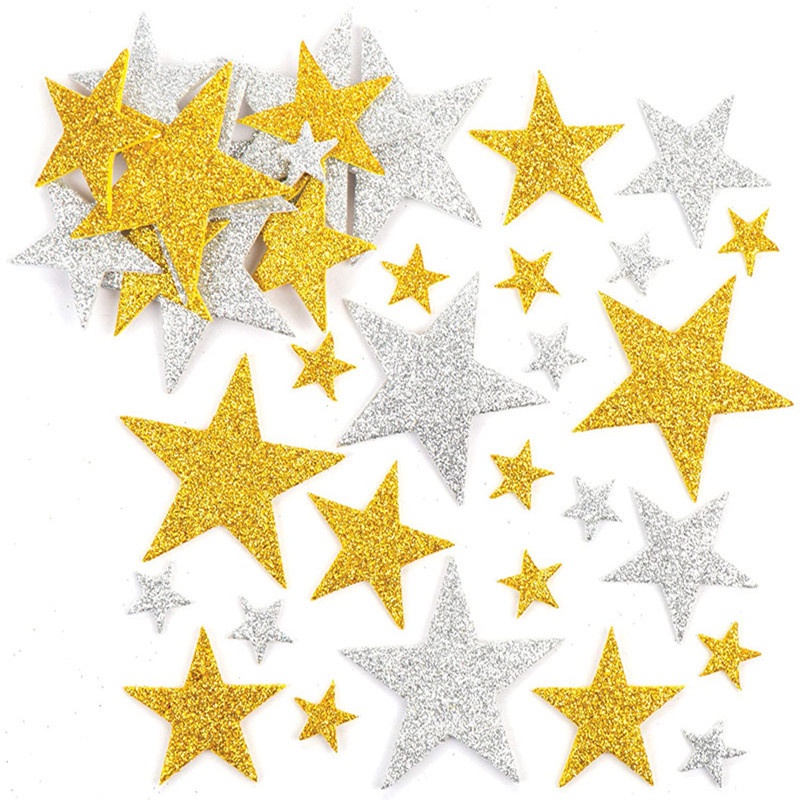 Christmas Glitter Foam Star Stickers - Pack of 100 Gold & Silver Self ...
