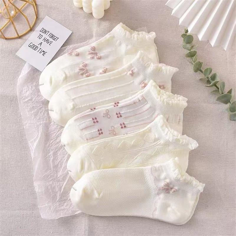 5Pairs/Set Flower Short Socks Women Ankle Socks Cute Cute White Pink ...