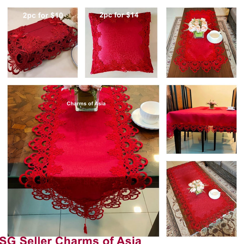 (SG seller ready stock) Vermillion Red lace embroidery table runner ...