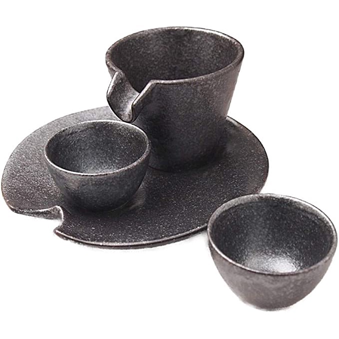 Sake set 3 pcs made in Japan ceramic Minoyaki / Silver Black / (2 ...