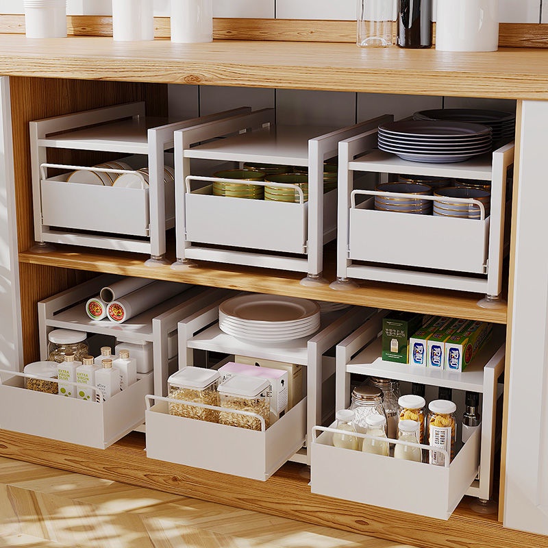 Kitchen under sink shelf storage spices dishes pull-out sink organizer ...
