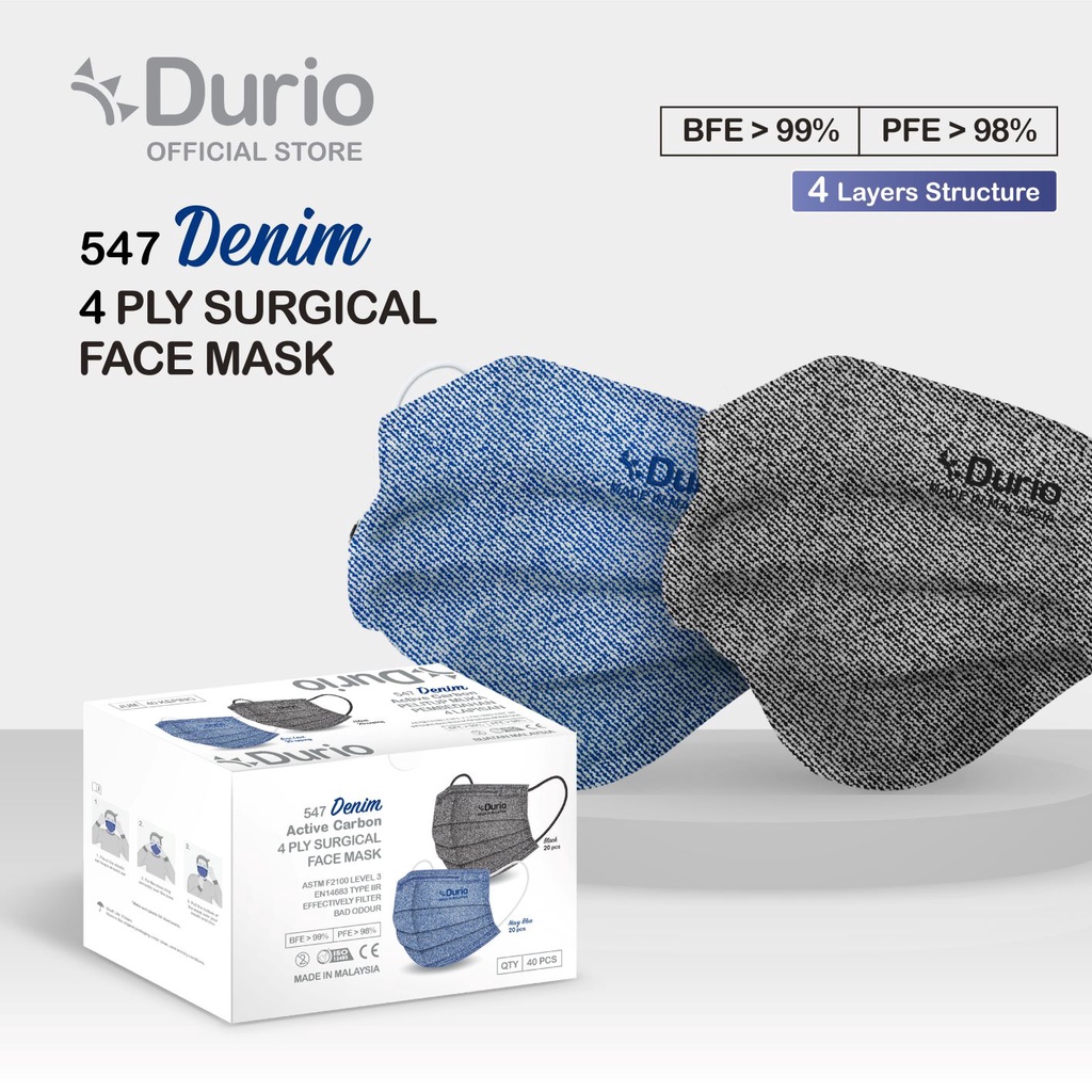 Durio 547 Denim Active Carbon 4 Ply Surgical Face Mask - 40's | Shopee ...