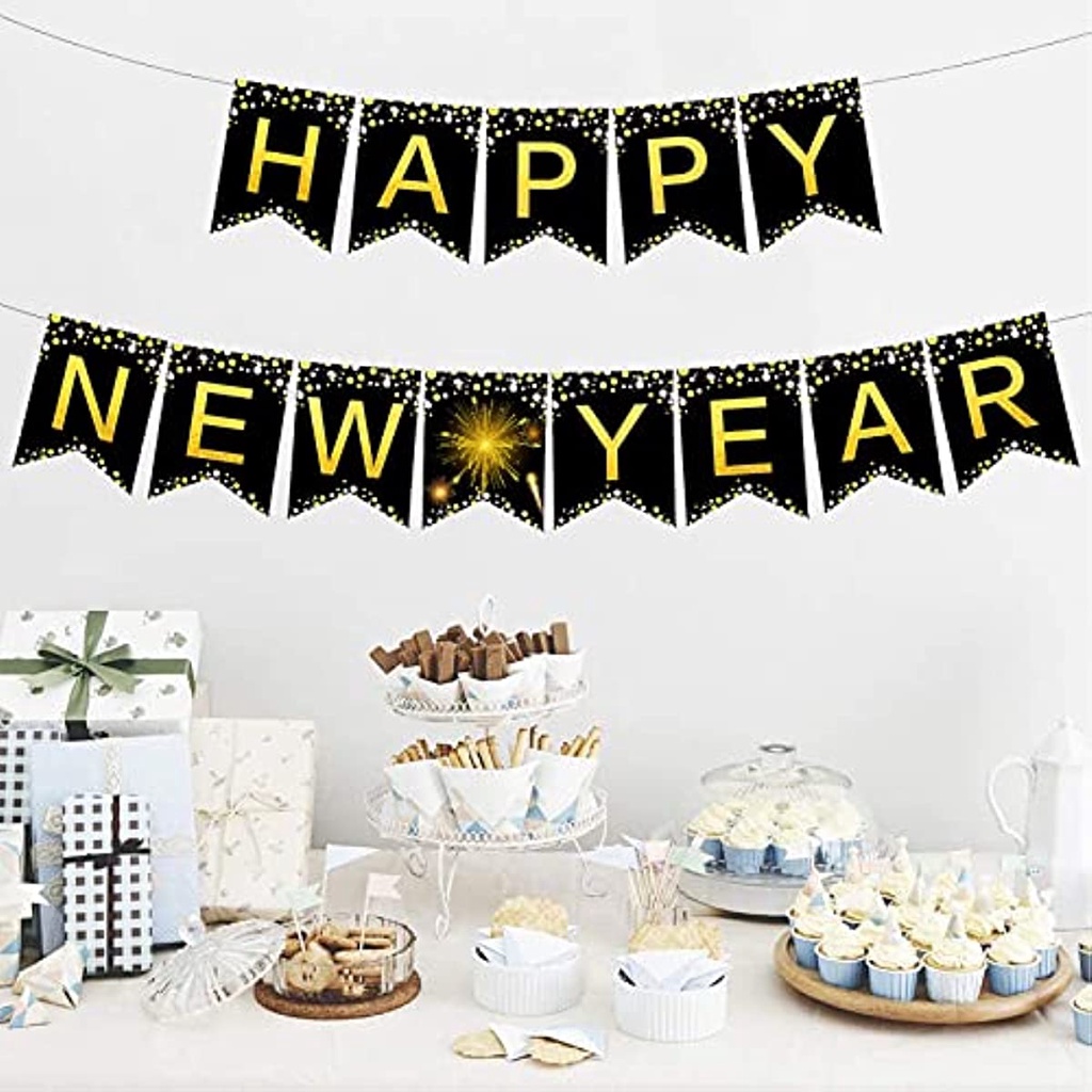 2025 Happy New Year Banner Black Bunting with Gold Alphabet for New ...