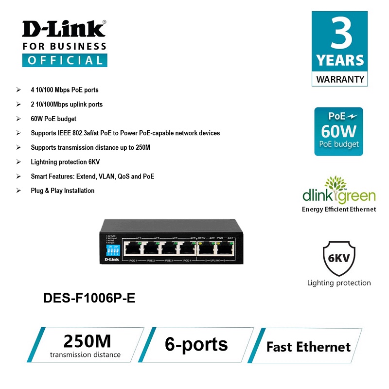 D-Link 250M 4/8/16/24 Port PoE Switch with 2 Uplinks Port DES-F1006P-E ...