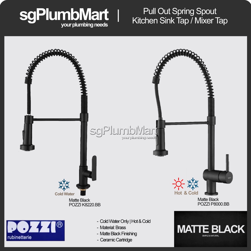 Pozzi x sgPlumbMart Matte Black Pull Out Spring Spout Kitchen Sink Tap ...
