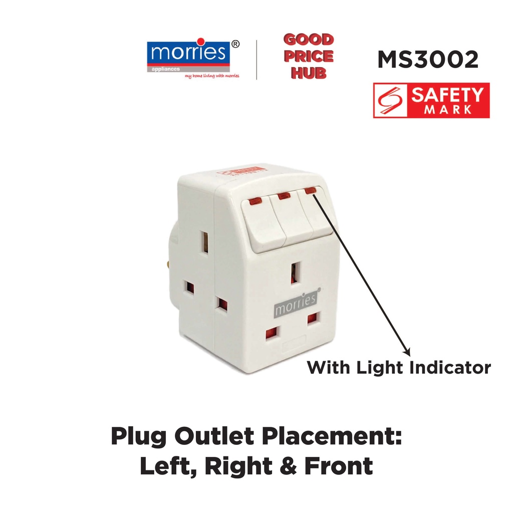 Morries 3 Way Multi Adapter Plug with Switch / Neon Light - 2 & 3 Pin ...