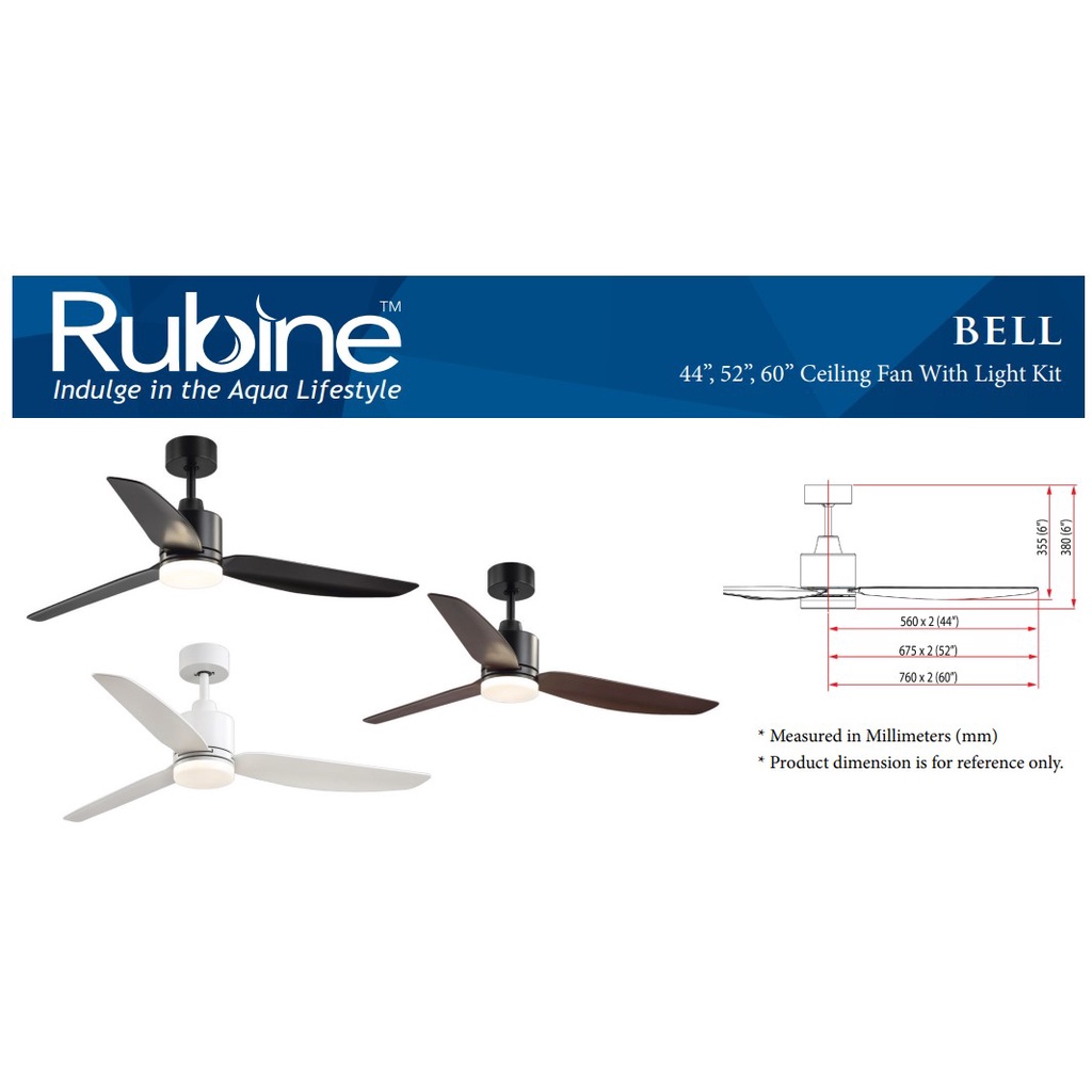 (Installation promo) Rubine Bell 44/52/60 inch Dc ceiling fan black ...