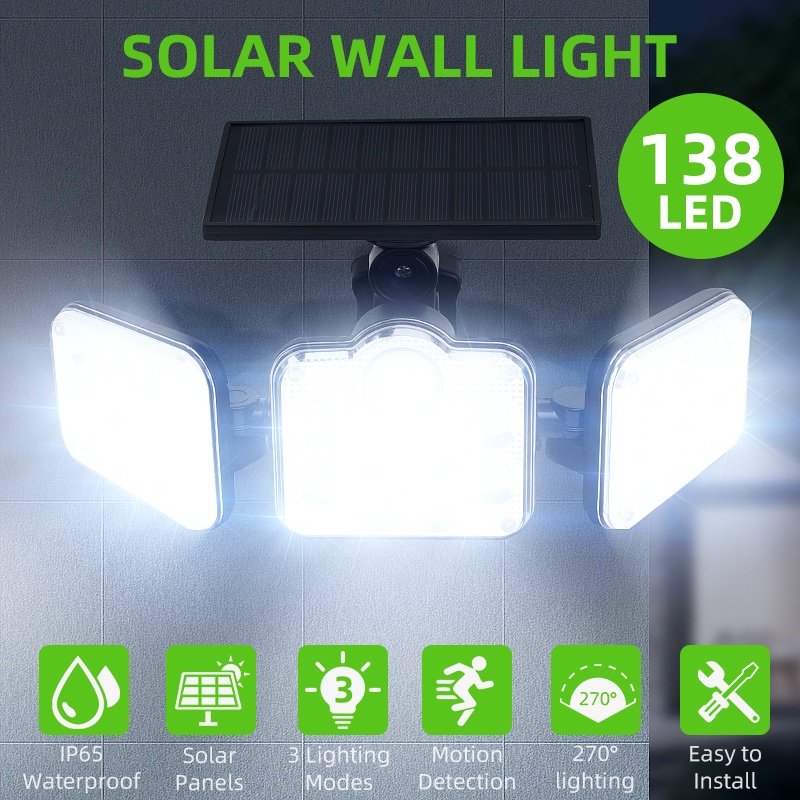 138LED Solar Light Outdoor Motion Sensor Wall Light 3Modes Auto Turn On ...