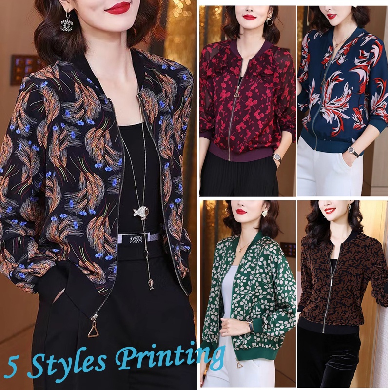 Casual Vintage Wemen's Jackets Leaves Printing Coats Outwear Zipper ...