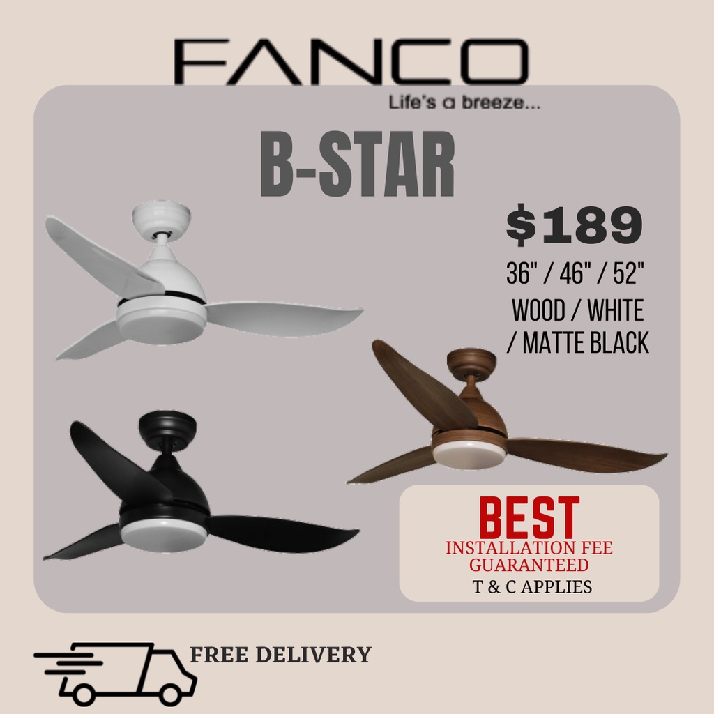 Fanco Bstar ceiling fan with light 36/46/52 inch dc motor with 3 tone ...