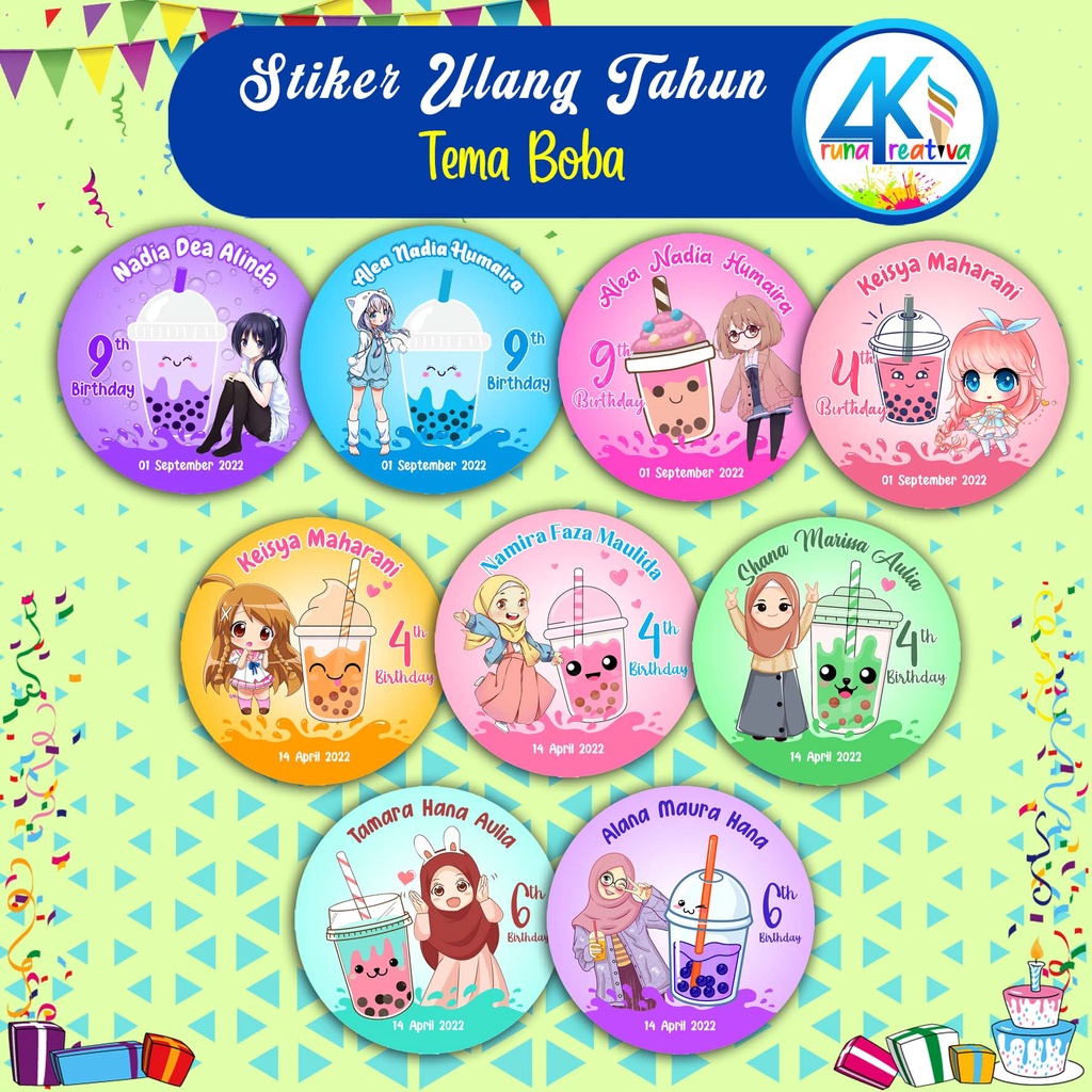 Arunacreativa Boba Theme Birthday Stickers | Boba Round Birthday Label ...