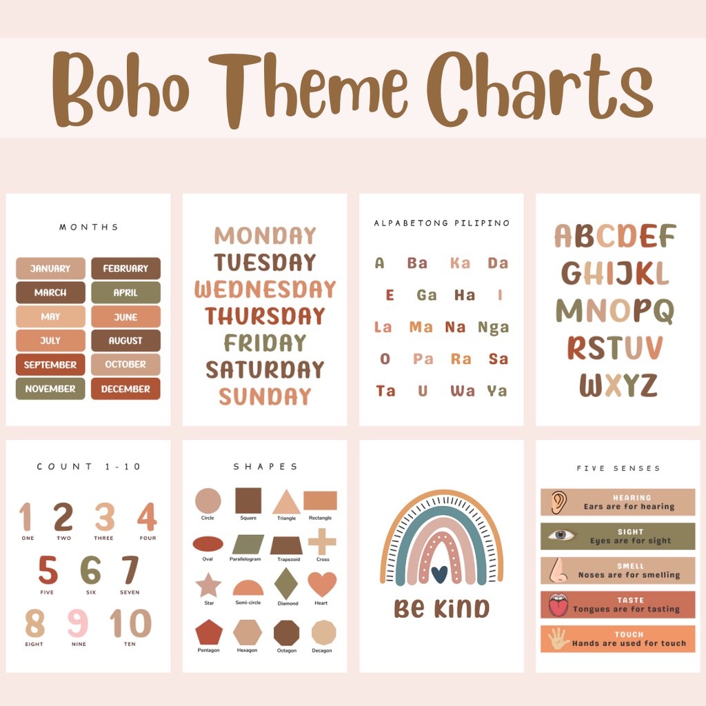 A3 or A4 Laminated Boho Educational Posters, Learning Charts For Kids ...