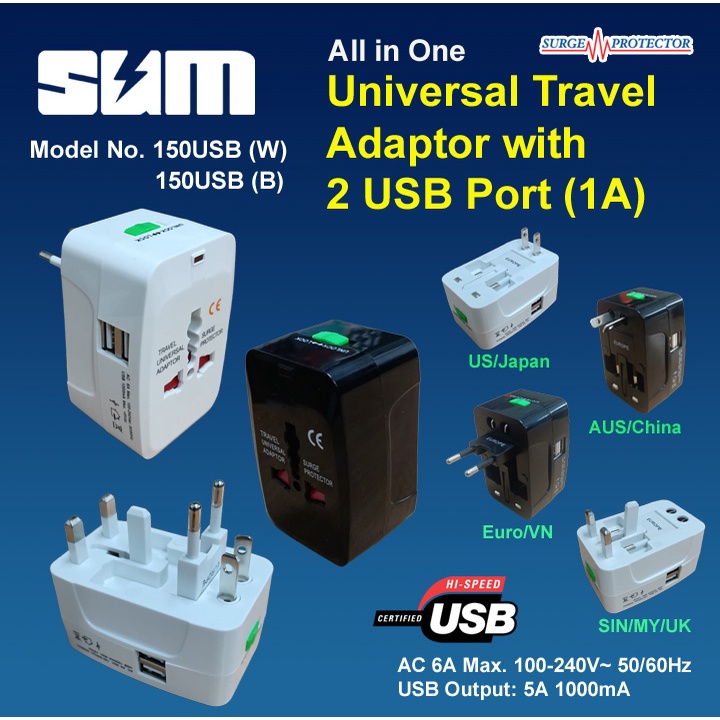 SUM All in One Universal Traveler Adaptor with 2 USB and Surge ...