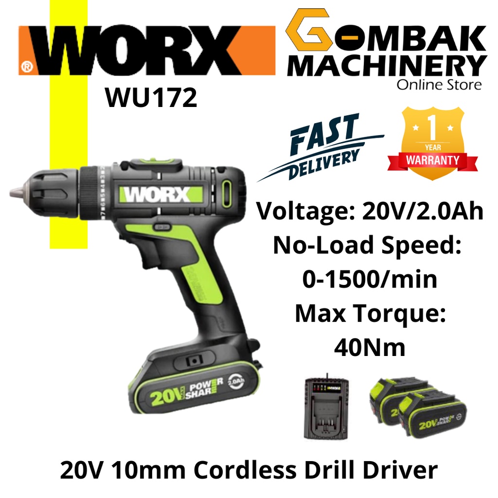 WORX WU172 20V 2.0Ah Cordless 10mm Drill/Driver with Power Share Technology -12 Months Warranty ...
