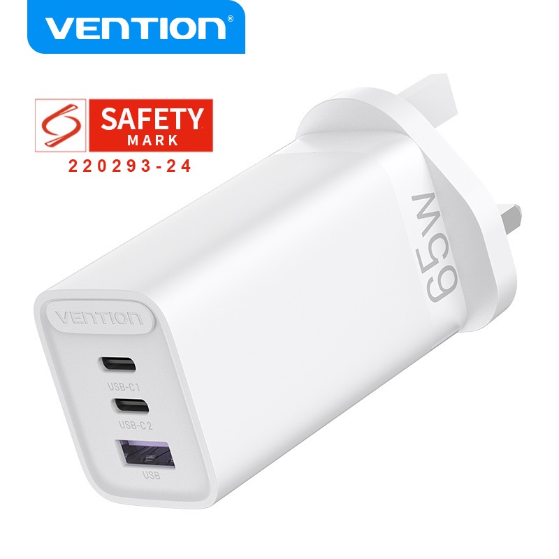 Vention 65W GaN Charger UK Plug 3 Ports Turbo Charging Power Adapter ...