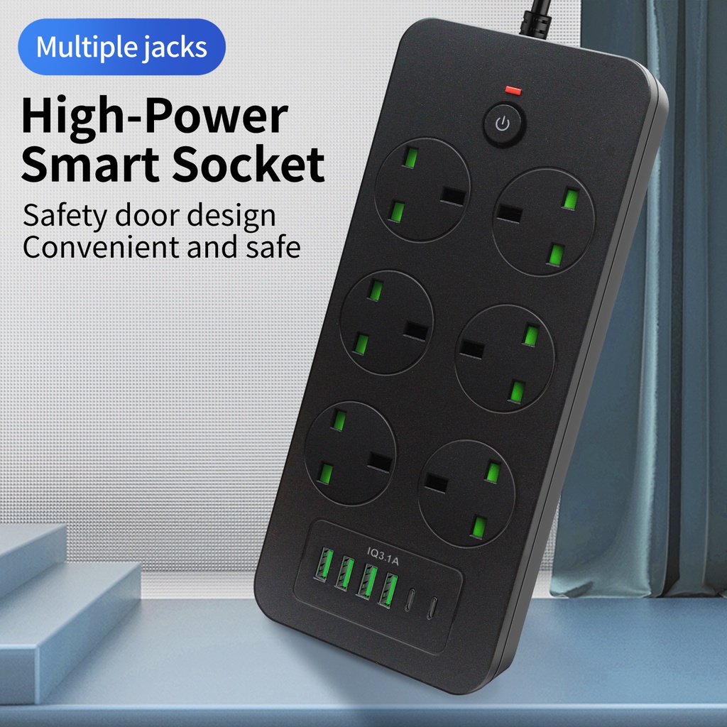 UK Extension Plug 3000W Multi Plug Power Strip 2 Type C PD Ports4 USB ...