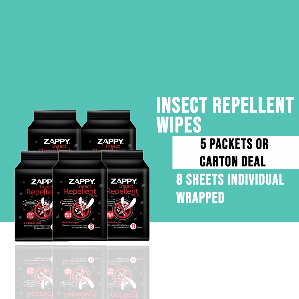 Zappy Lifestyle Insect Repellent Wipes 8s (5 packets or Carton Deal 20 ...