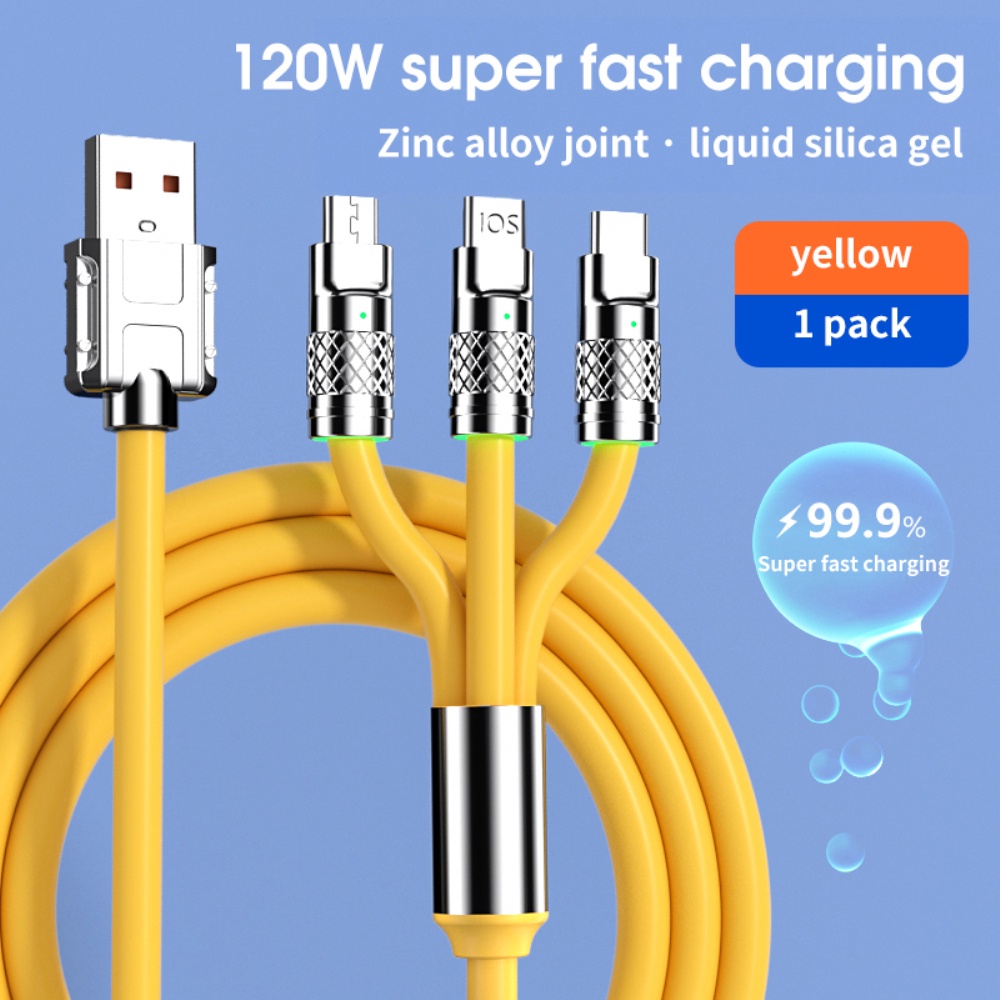 3 in 1 Super Fast Charger Cable 6A 120W Type C Micro USB One to Three ...