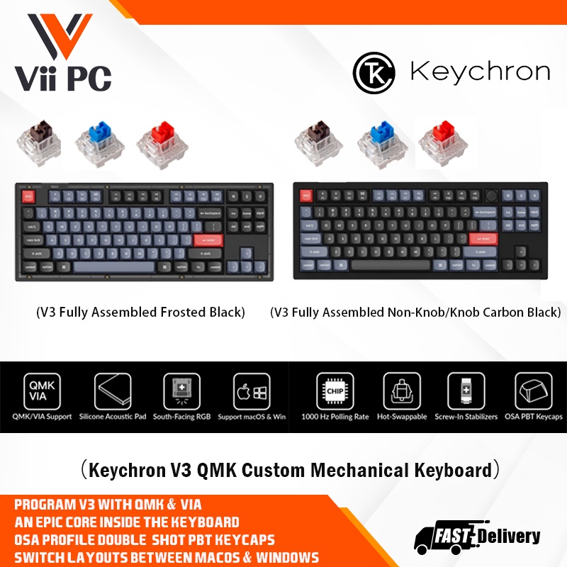 Keychron V3 Wired QMK Non-Knob/Knob Hotswappable Frosted/Carbon Black ...