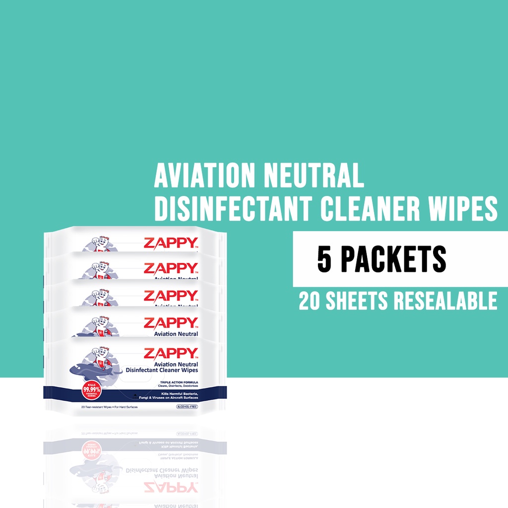 Zappy Aviation Neutral Disinfectant Cleaner Wipes 20 Sheets x 5 Packets ...