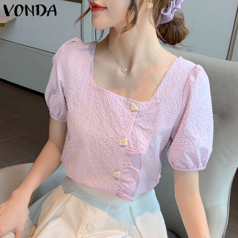 VONDA Women Korean Square Neck Puff Sleeve Short Sleeve Button Ruffled ... VONDA Women Korean Square Neck Puff Sleeve Short Sleeve Button Ruffled ...