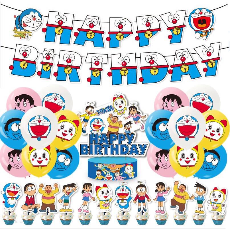 Doraemon Theme Party Decoration Set: Latex Balloon Banner Cake Topper ...